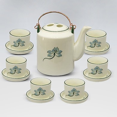 Bat Trang ceramic green lotus painted tea set - Gia Nguyen Pottery ...