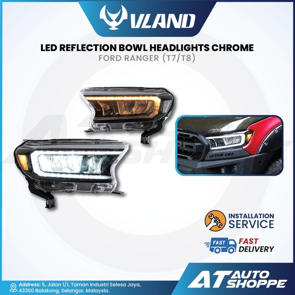 VLAND Ford Ranger (T7/T8) LED Reflection Bowl HeadLights Chrome (1 pair ...