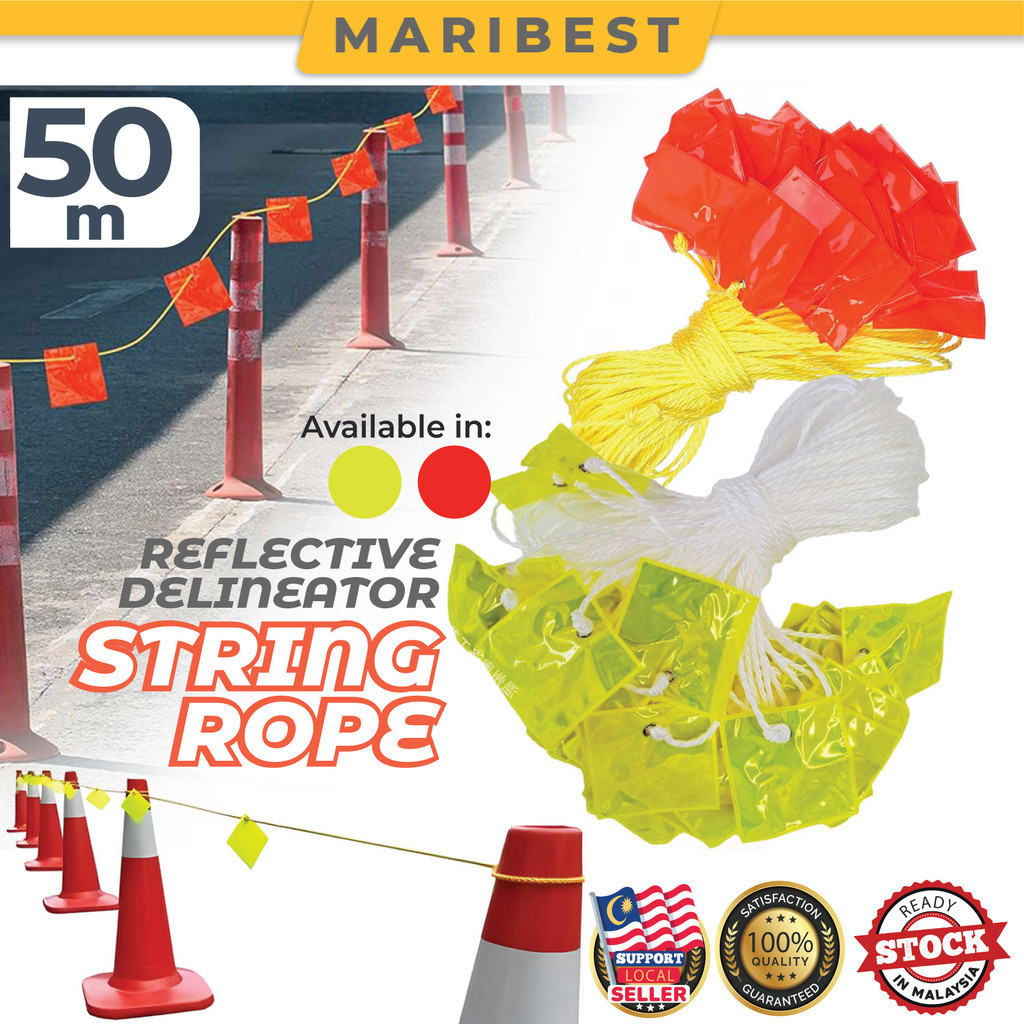 50m Orange/Yellow Safety Reflective Delineator String Rope Barrier ...
