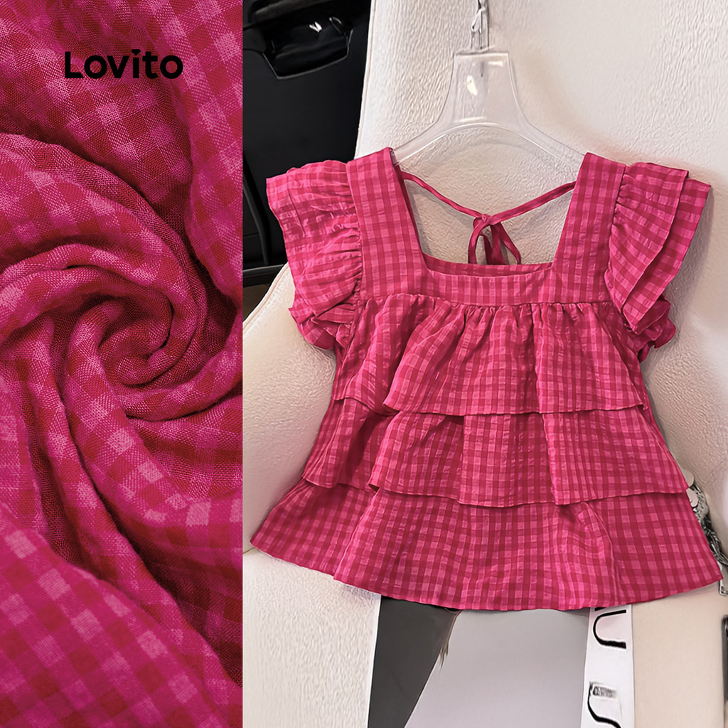 Lovito Casual Blouse Tiered Layer Tie Back Spring/summer Rose Red ...