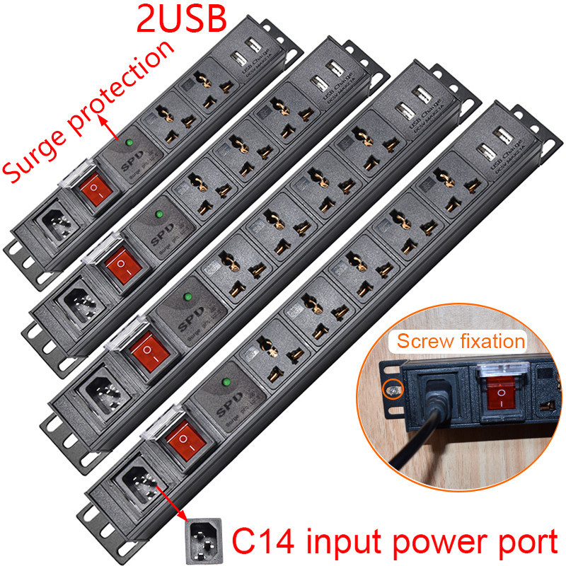 C14 Interface PDU Power Strip distribution unit 2-12Ways Universal Socket 2USB Charge Ports ...