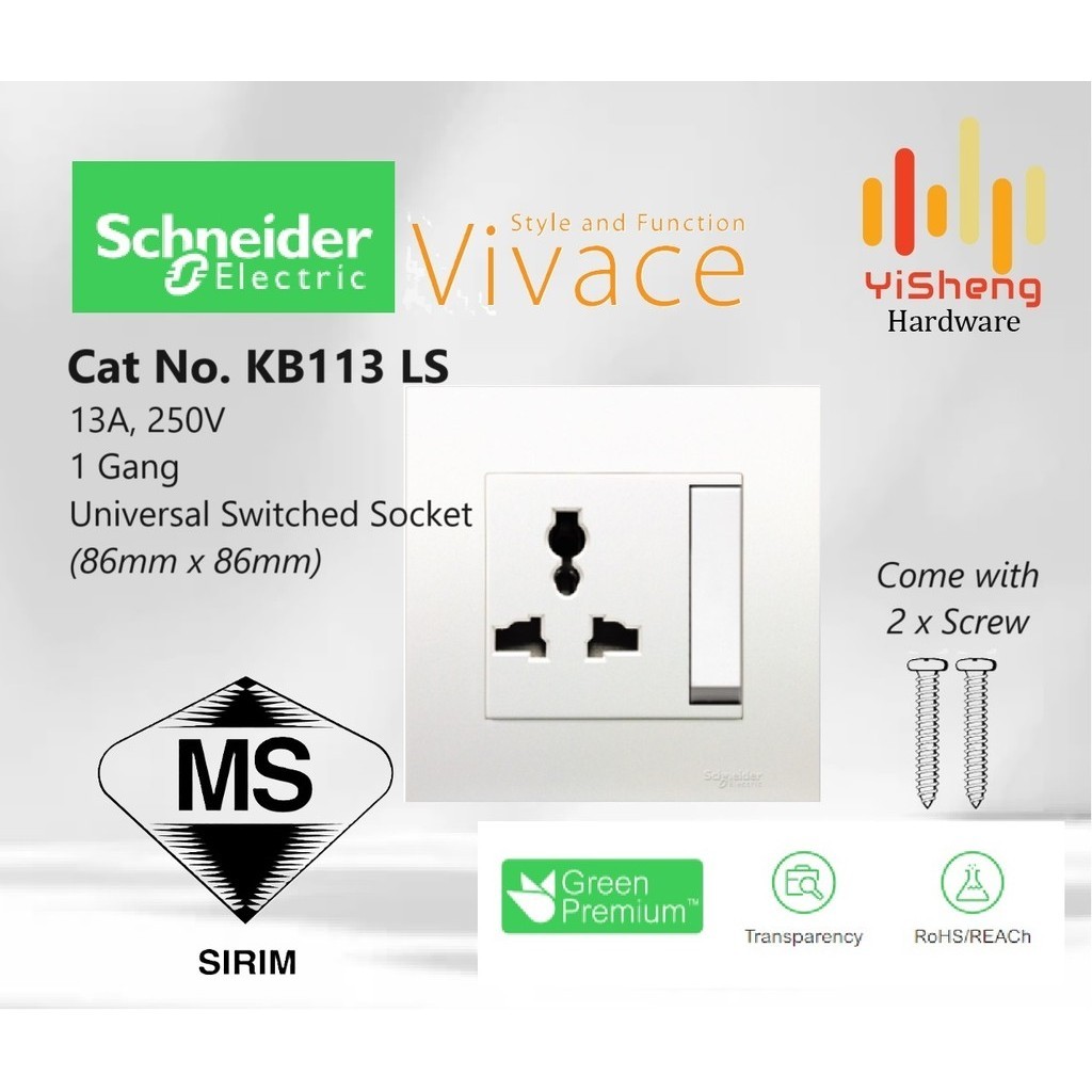 Schneider Vivace KB113 LS 13A 250V 1-Gang Universal Switched Sockets (White) Size 86mm x 86mm ...