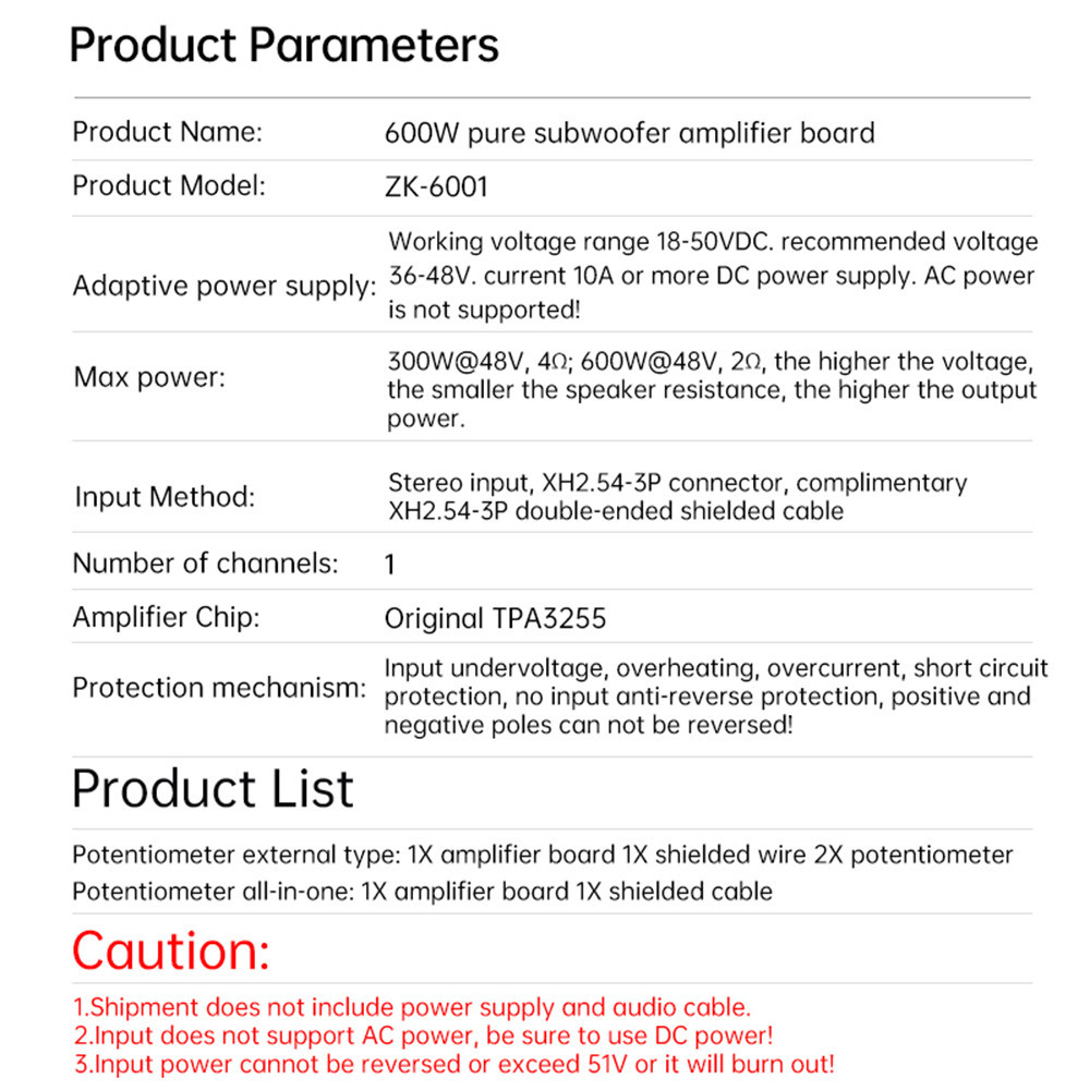 DIYMORE ZK-6001 DC18-50V active subwoofer pure rear stage amplifier ...