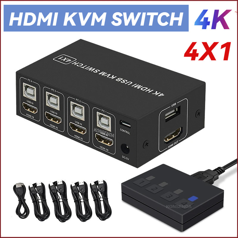 4K HDMI KVM Switch 4 in 1 out 4K 60Hz HDMI USB KVM Switcher 4x1 for 4 PC Share Monitor Mouse ...
