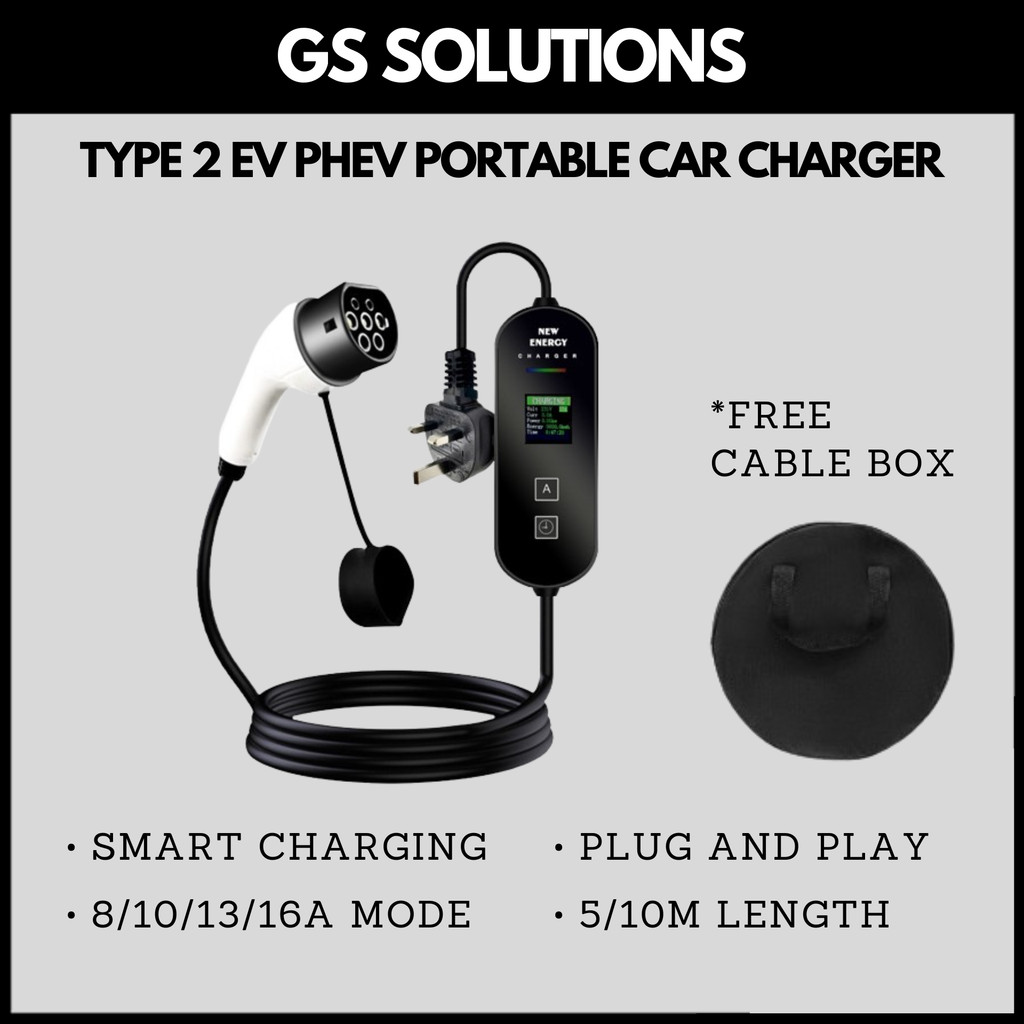 EV PHEV Car Charger Type 2 Portable 3 Pin Plug IP65 UK Socket 3.5kwh ...