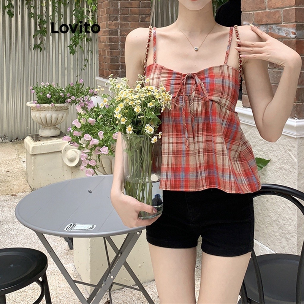 Lovito Cute Plaid Lace Up Tank Top for Women LNE33005 (Red/Black ...