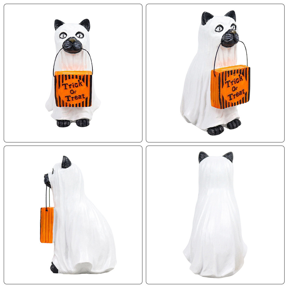 OCE! Spooky Ghost Dog & Cat Halloween Statues with Pumpkin Candy Bowl ...