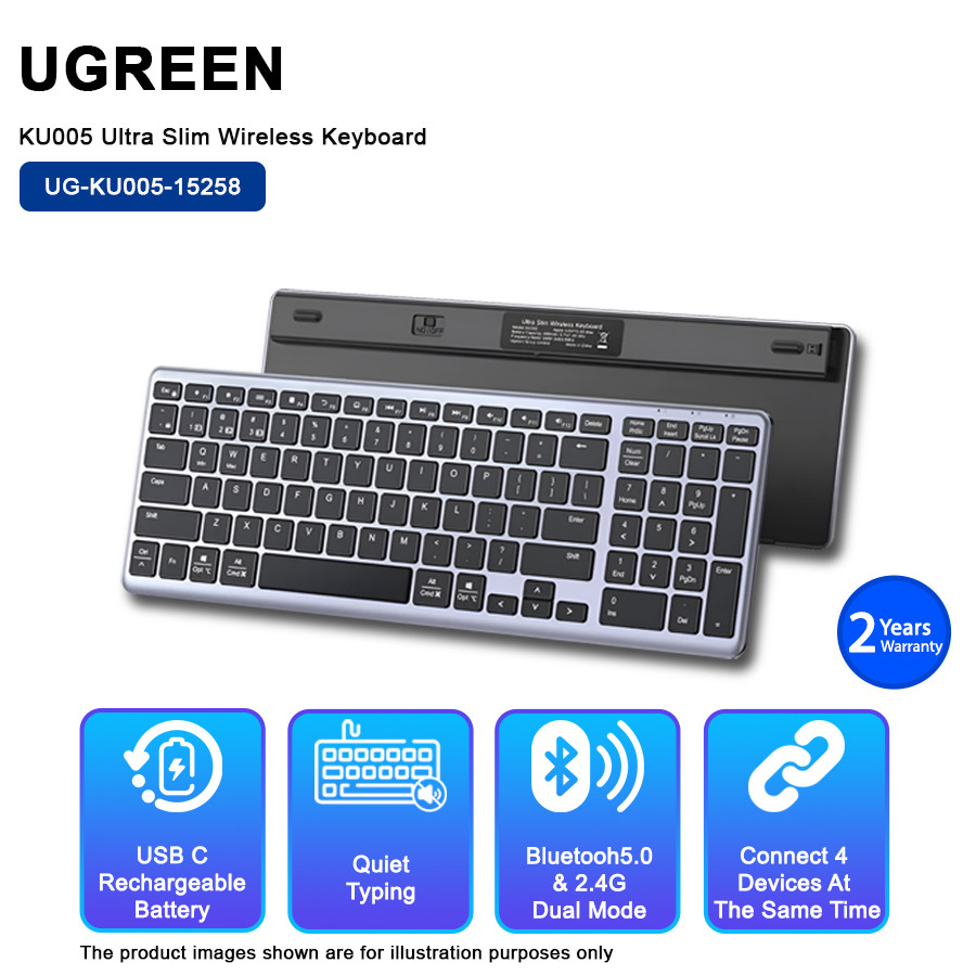 UGREEN KU005 Ultra Slim Wireless Keyboard Bluetooth 5.0 & 2.4G 99 Keys Rechargeable Silent Click ...