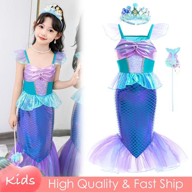 Mermaid Blue Dress For Kids Girl Princess Ariel Fishtail Gown For Girls ...