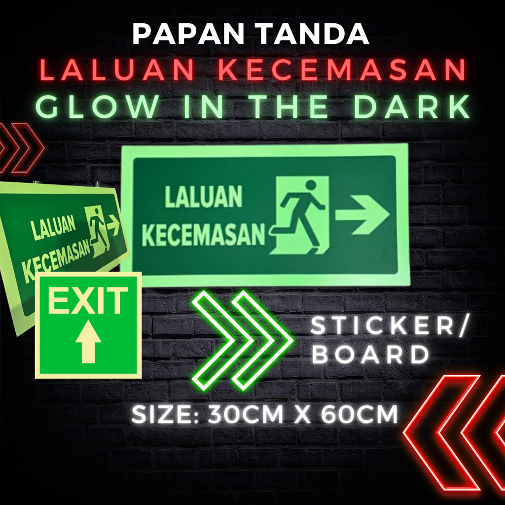 Glow in the dark sign emergency exit sign exit arrow sticker papan ...