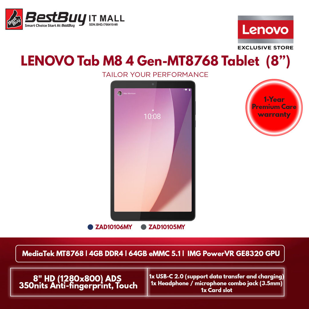 Lenovo Tab M8 (4th) ZAD10105MY/ZAD10106MY 8" Tablet ( MediaTek MT8768 / 4GB / 64GB / Android™ 13 ...