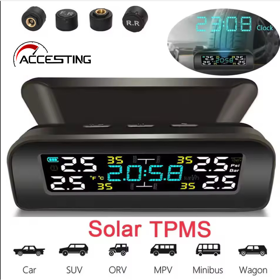Solar Power TPMS Car Tire Pressure Monitoring System Alarm Tyre Air Pressure meter Gauge ...