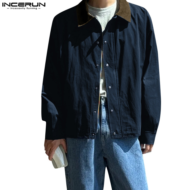 INCERUN Men Korean Casual Lapel Contrast Color Loose Long Sleeve ...