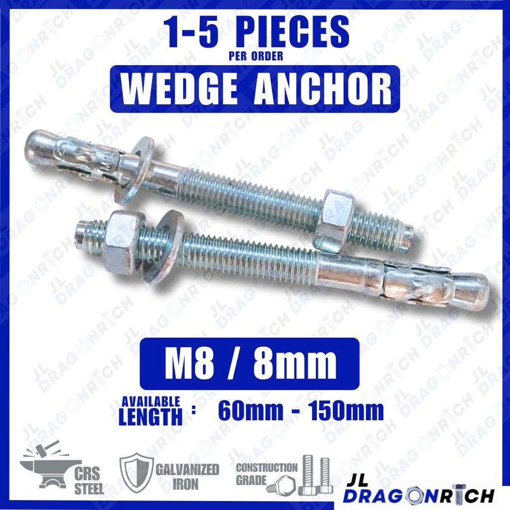 1-5PCS M8 Wedge Anchor 8mm Expansion Bolt G.I. Galvanized Steel Through ...
