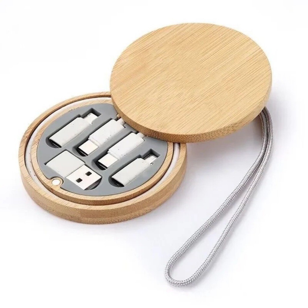Wenbo Round Bamboo Wood Lanyard Cable Set Eco Friendly Multi Charging ...