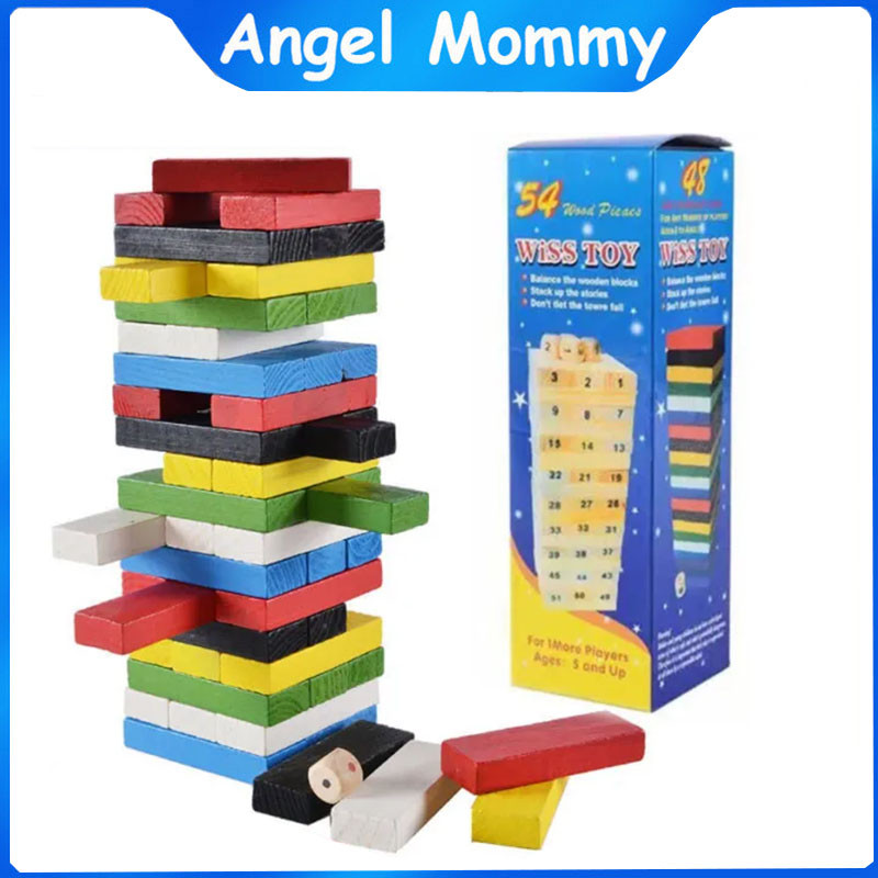 54pcs Coloured Wooden Stacking Block Tower with Dice Jenga Permainan ...