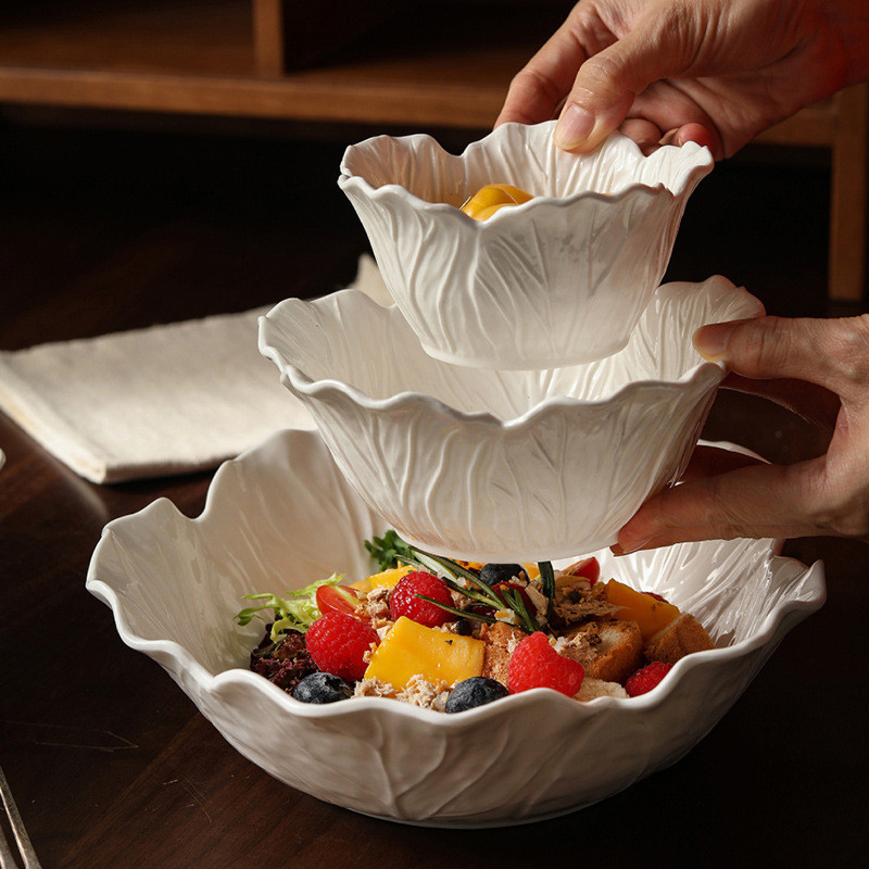 Ceramic Flower Deep Bowl Pure White Creative Cabbage Embossed Tableware ...