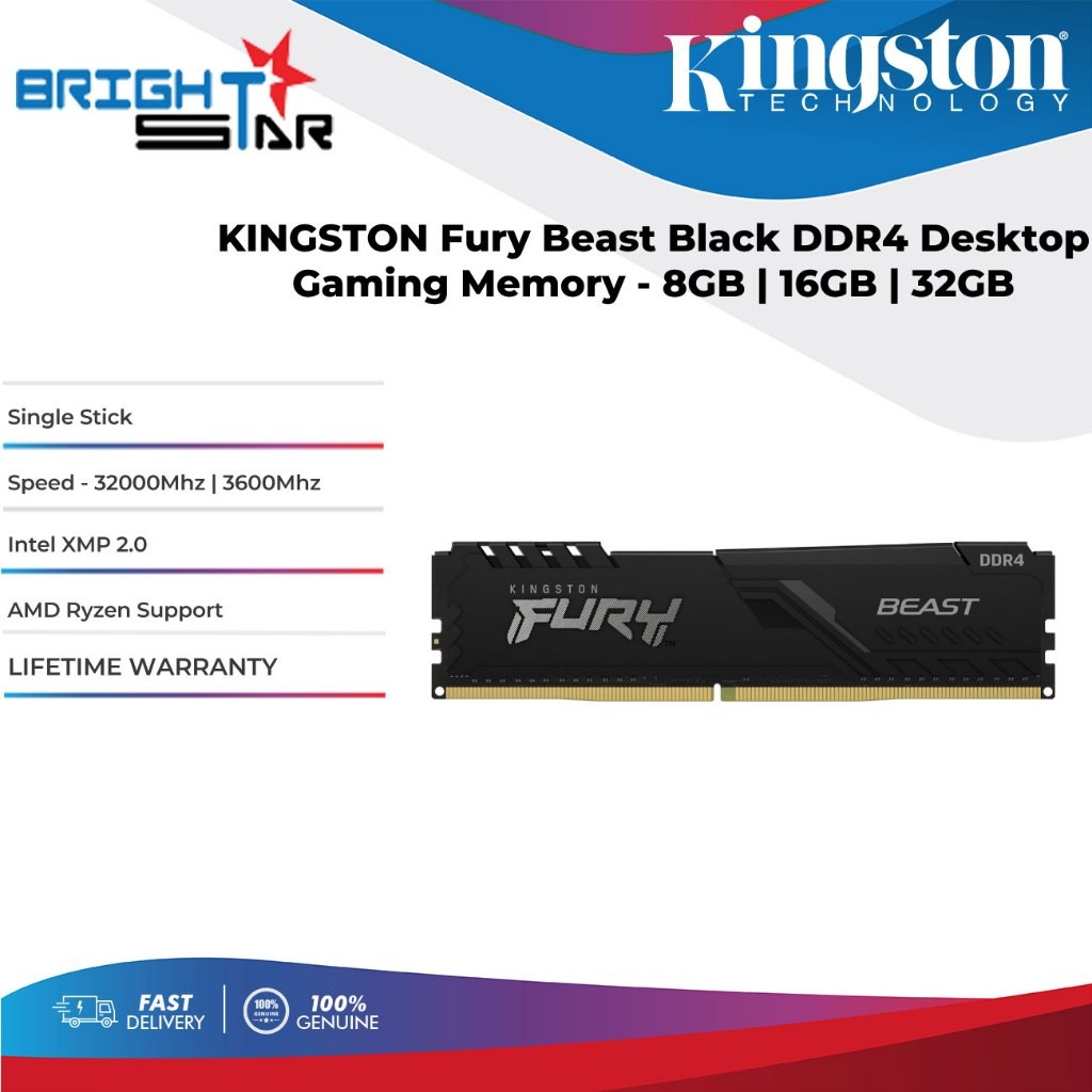 KINGSTON Fury Beast DDR4 Single Stick Memory 3200Mhz/3600Mhz - 8GB/16GB ...