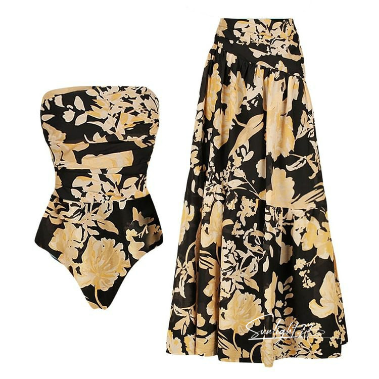 Retro Swimsuit Suit Fashion Printed Tube Top One-Piece Swimsuit Bikini ...