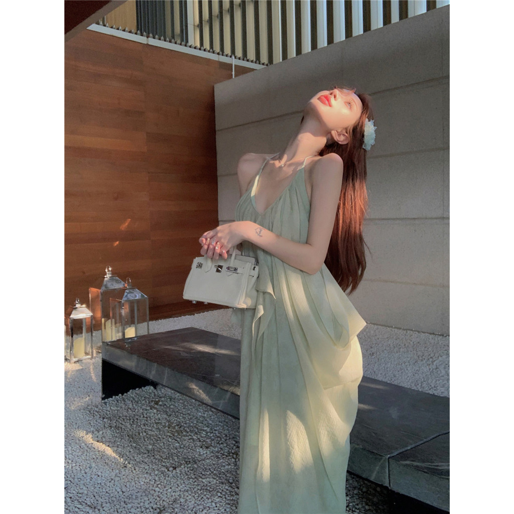 Pure Desire Sexy Backless Halter Neck Sling Dress - Green Loose A-Line ...