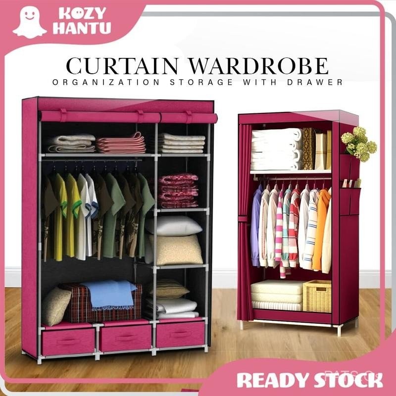 KOZY.H: Curtain Wardrobe with Drawer Almari Baju laci/ Rak Baju ...