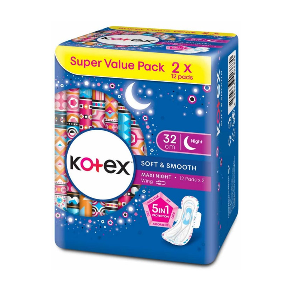 Kotex Soft & Smooth Overnight Maxi Night Wing 32cm Super Value Pack 12s ...