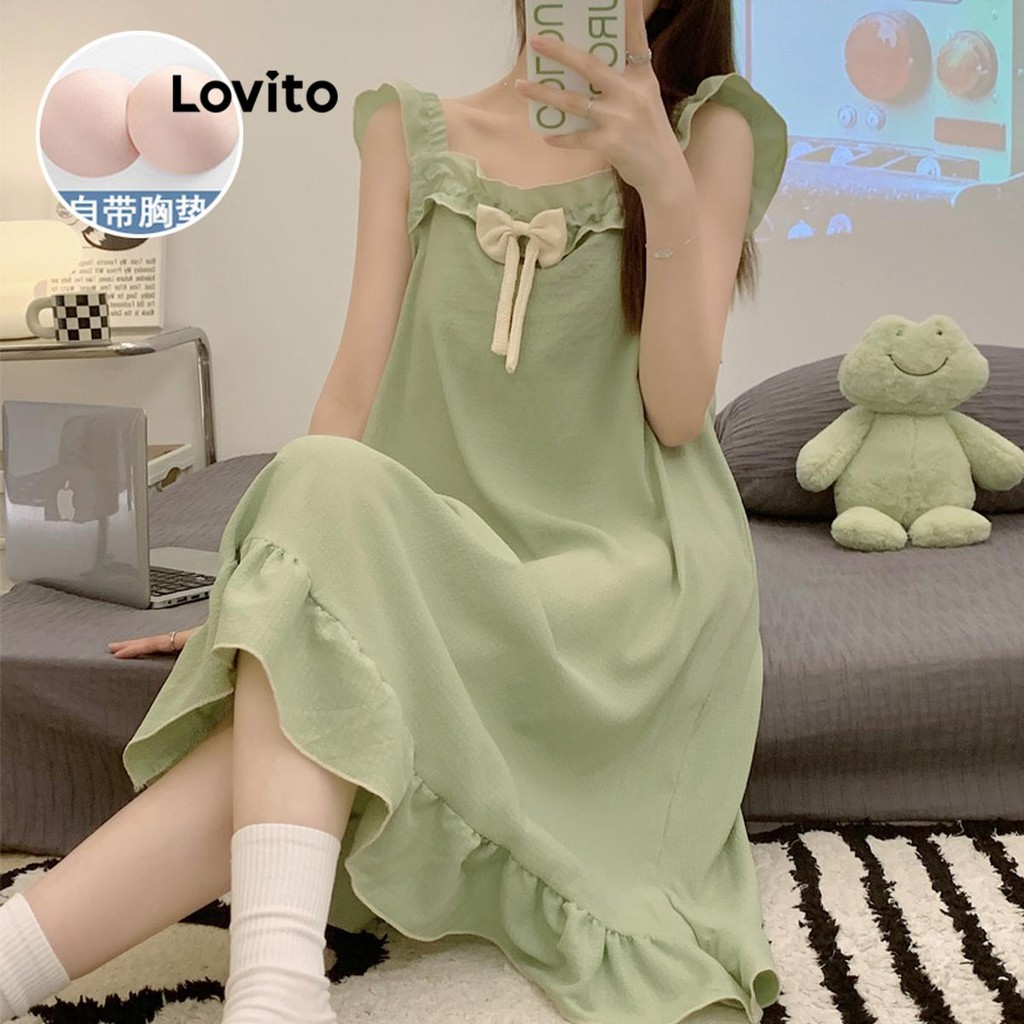 Lovito Casual Plain Bow Sleep Dress for Women LNA57210 Lovito Gaun ...