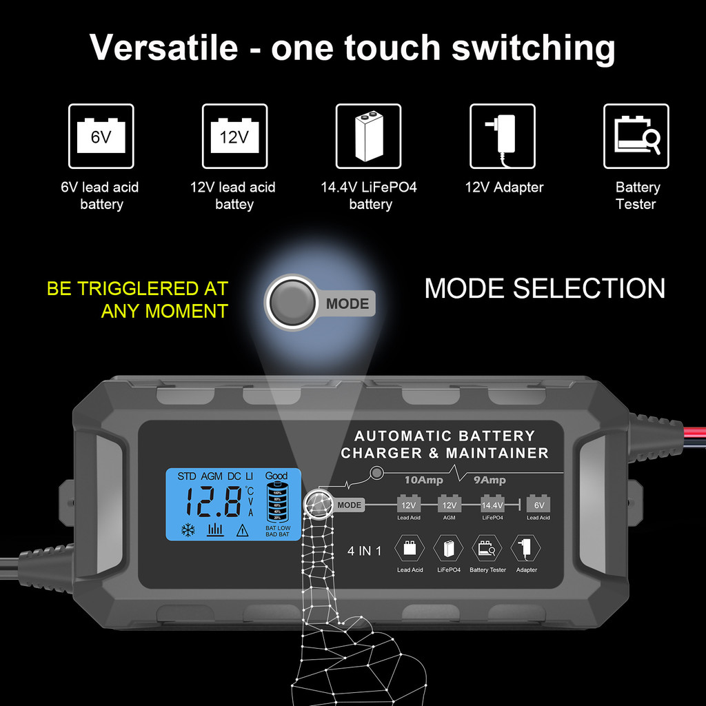 10-Amp Smart Car Battery Charger,12V and 6V Automotive Battery Charger ...