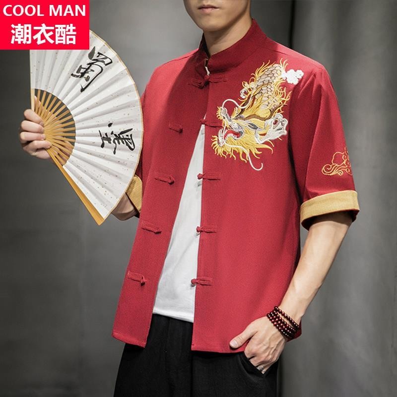 Ready Stock Red Tang Suit Men Short-Sleeved Retro Buttoned Dragon ...