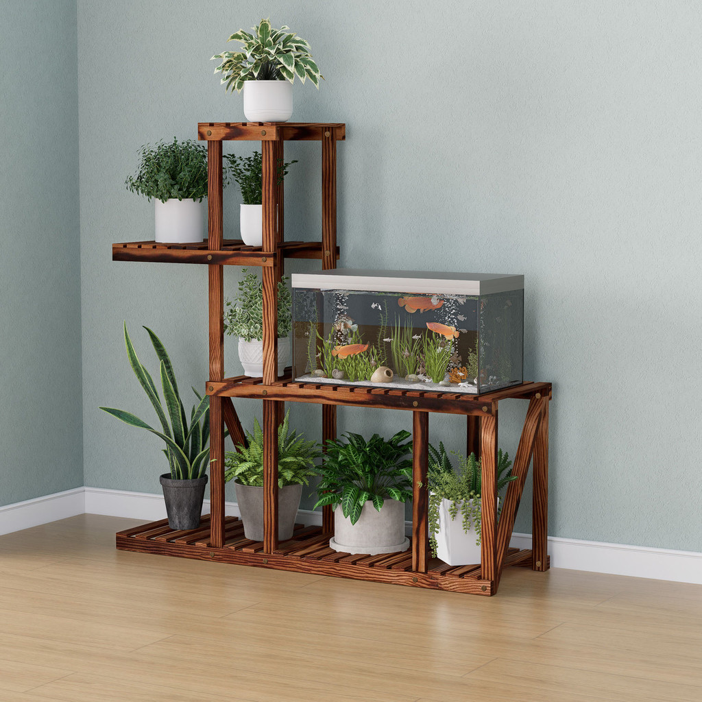 Fish tank rack flower rack solid wood multi-layer balcony living room ...