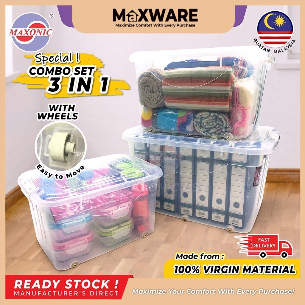 Maxware Combo Set 3 In 1 Multipurpose Storage Box Clear Plastic Storage Box With Wheels Kotak ...