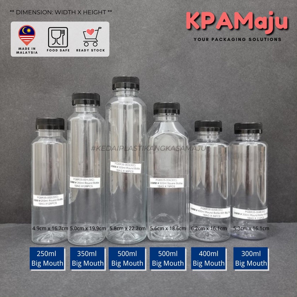 Botol Plastik Big Mouth + Black Cap (250ml, 300ml, 350ml, 400ml, 500ml ...
