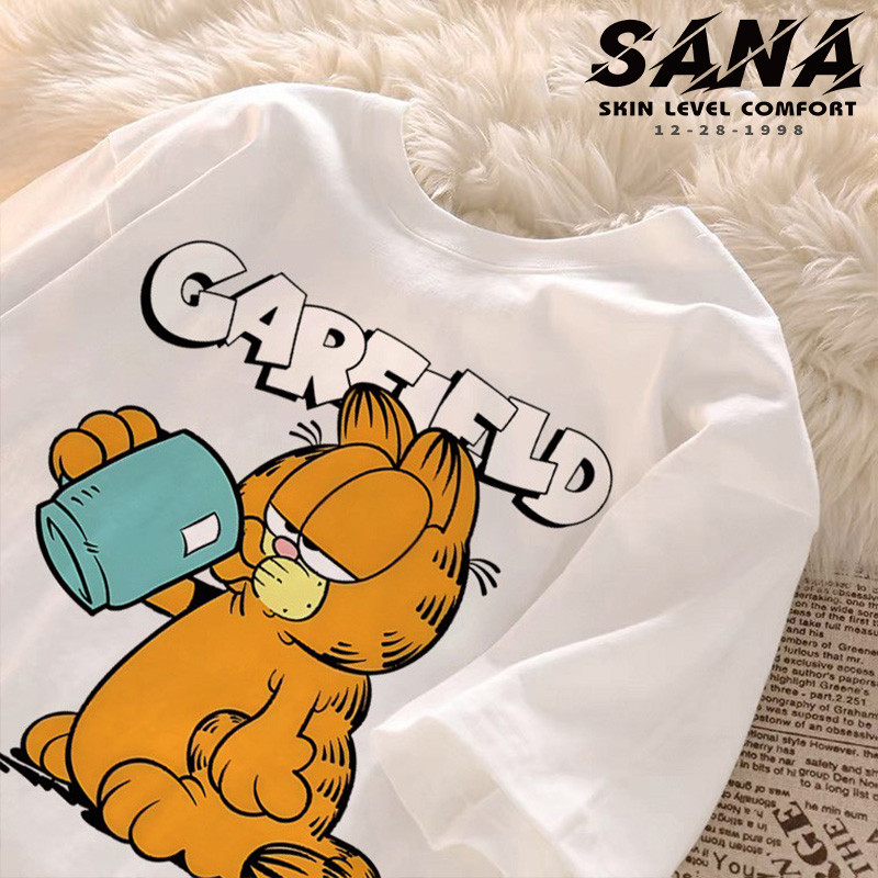 Pure Cotton Women's Garfield Print T-Shirt Korean Retro Oversized Baju ...