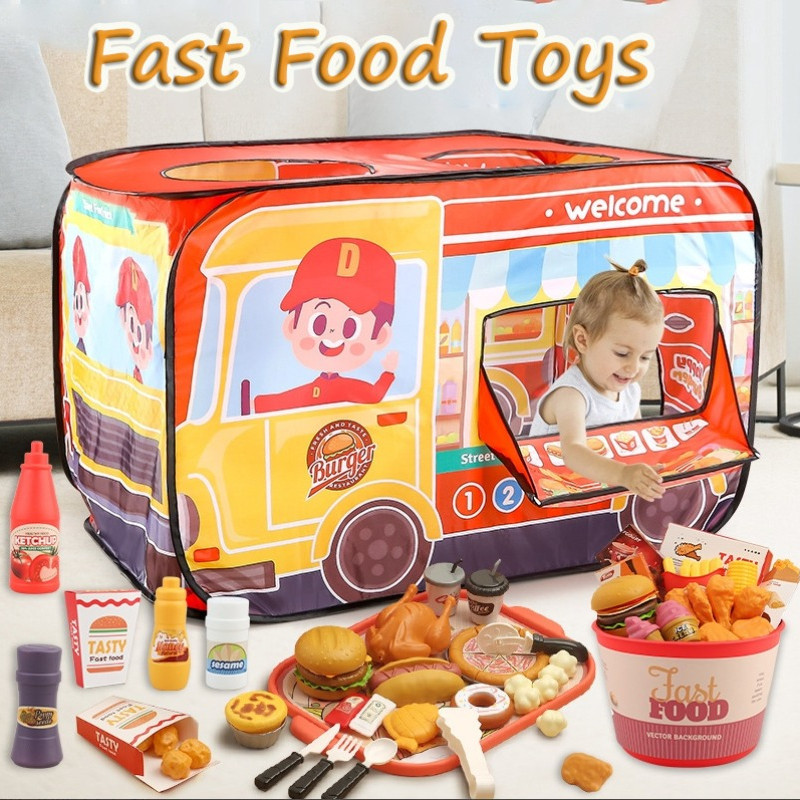Pretend Play Kitchen Playset Simulation Pizza Burger Fries Fast Food ...