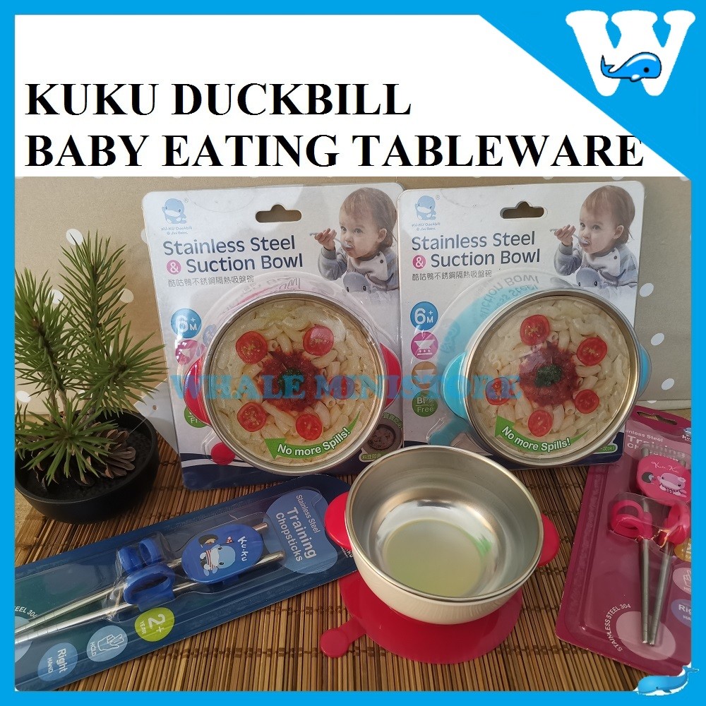 KUKU DUCKBILL BABY EATING TABLEWARE ( STAINLESS STEEL SUCTION BOWL / CHOPSTICKS) / PERALATAN ...