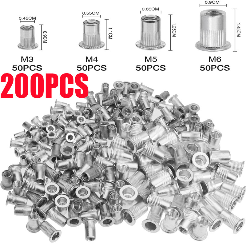 200 Pieces Rivet Nut Set Threaded Ingrown Nut Cap Flat Rivet Nut ...