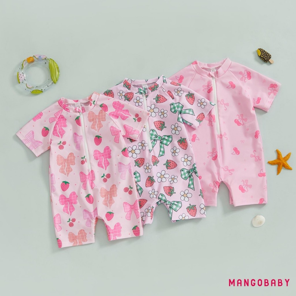 MANGO-Toddler Girl Rash Guard Swimsuit Cherry/Bow Print Zipper Short ...