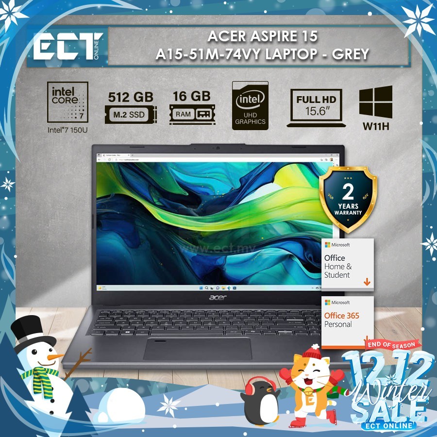 Acer Aspire 15 A15-51M-74VY Laptop (C7-150U 5.40GHz,512GB SSD,16GB D5,Intel,15.6" FHD,W11,HS21 ...