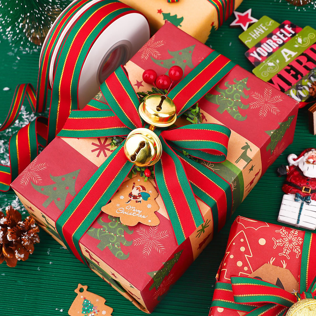 5 meters Christmas Ribbon Gift packaging Bow Red green gold border ...