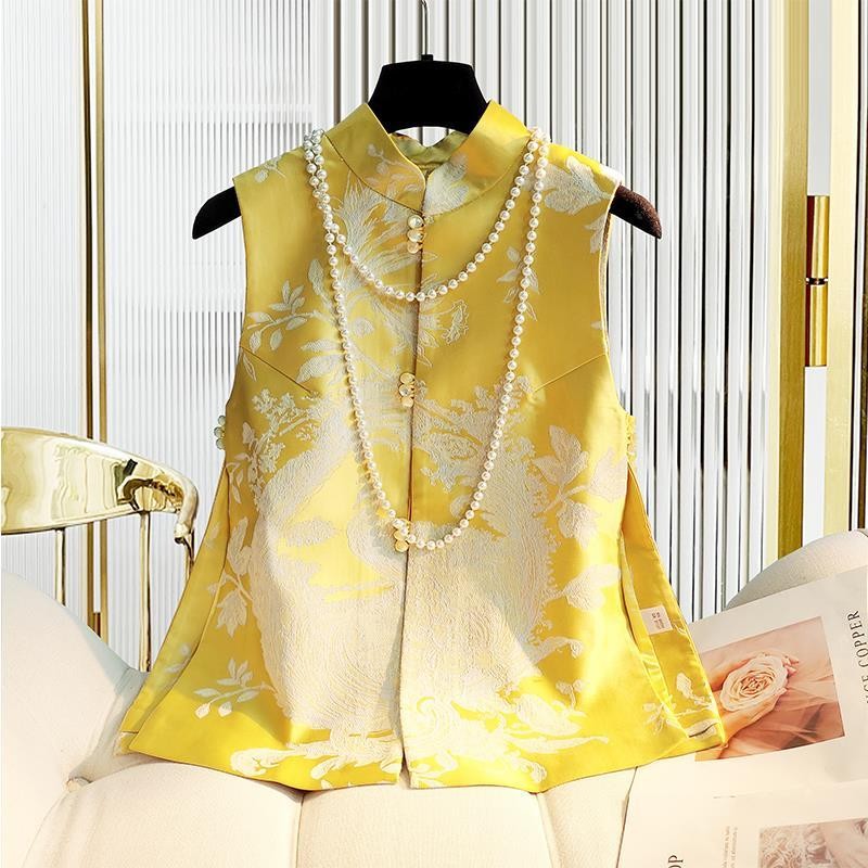 Retro Chinese Vest Women Improved Cheongsam Jacquard Satin Slimmer Look ...