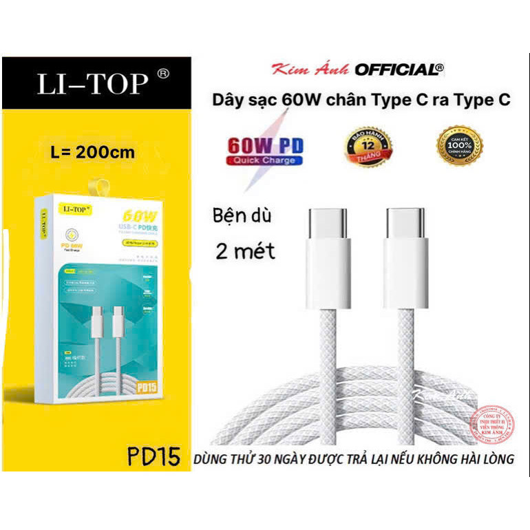 Li-top PD15 charging cord, 60W capacity, braided with Type C to Type C ...