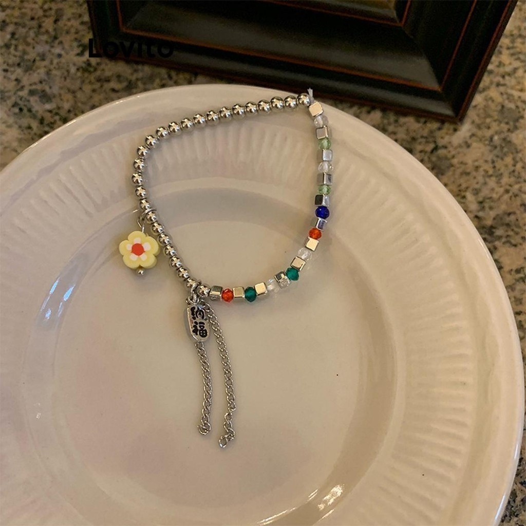Lovito Cute Floral Beaded Chain Flowers Letter Bracelet for Women ...