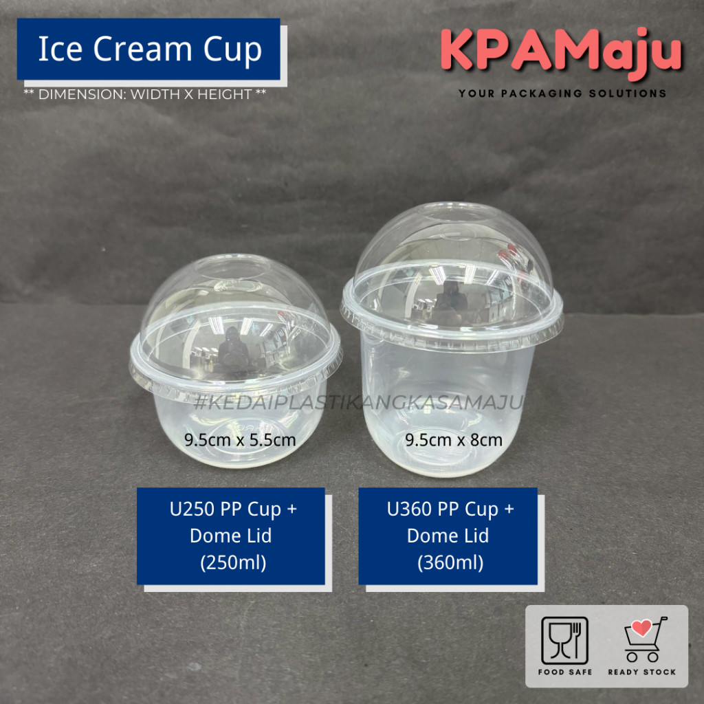 [50pcs] PP Cup + No Hole Dome Lid (Ice Cream Cup) - 250ml/360ml/500ml ...