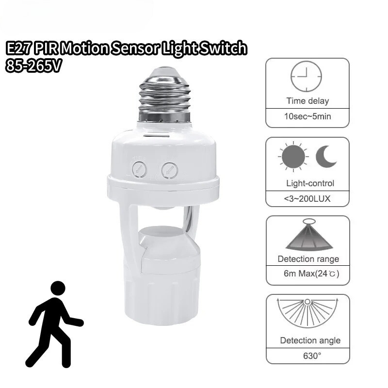 Smart E27 PIR Motion Sensor Light Switch 85-265V Detector Base Lamp ...