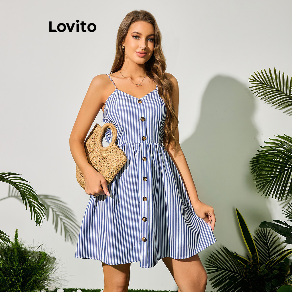 Lovito Boho Striped Button Front Elastic Waisted Dress for Women ...