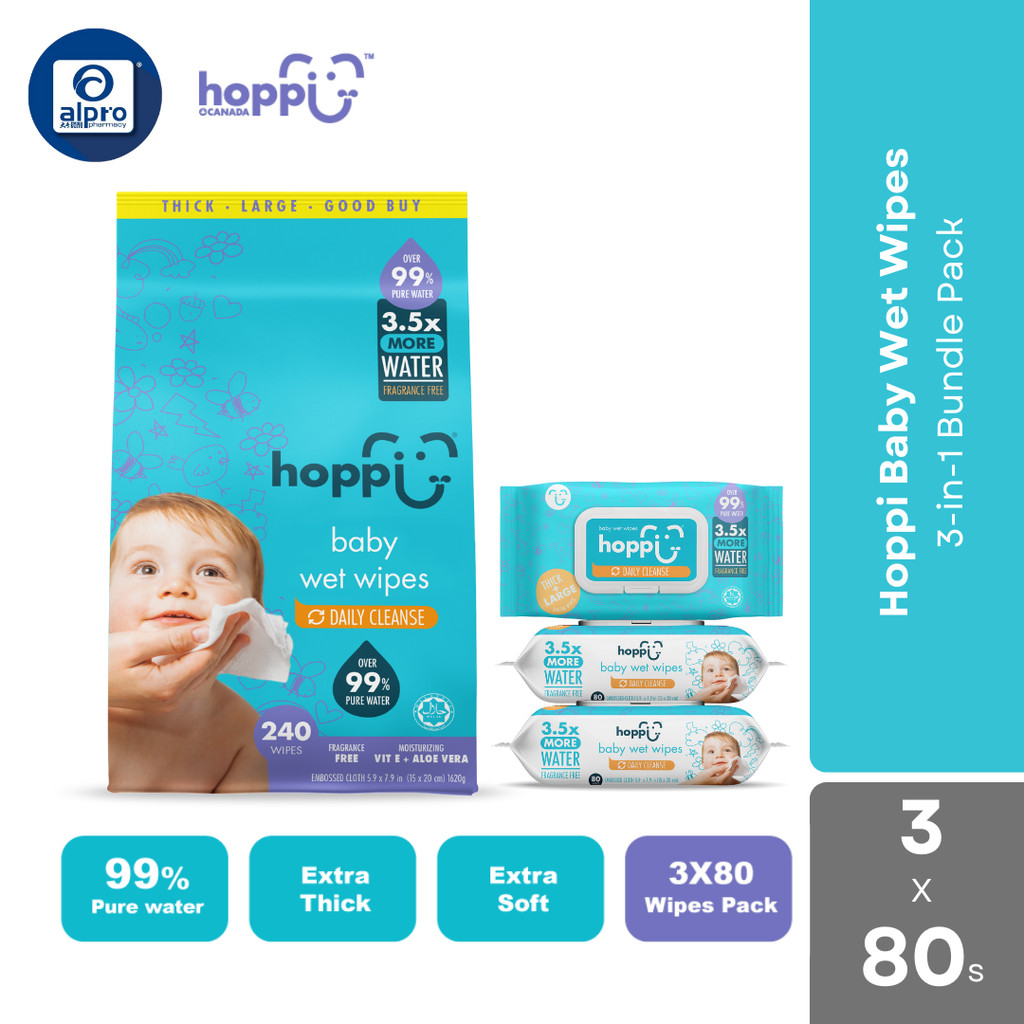 Hoppi 80 Sheets 3-in-1 Bundle Pack Baby Wet Wipes (NEW) | Shopee Malaysia
