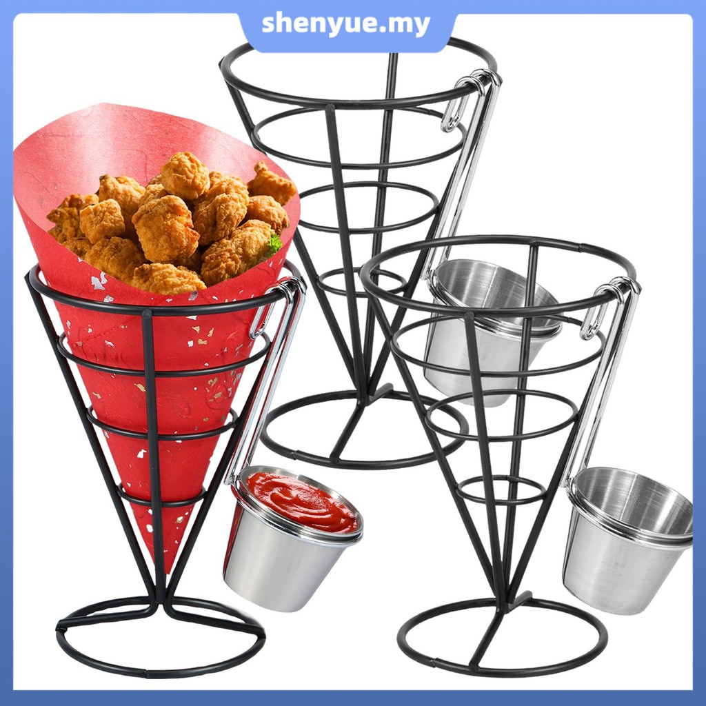 3Pcs French Fries Stands with Sauce Dipper Rustproof Cone Basket Fry ...