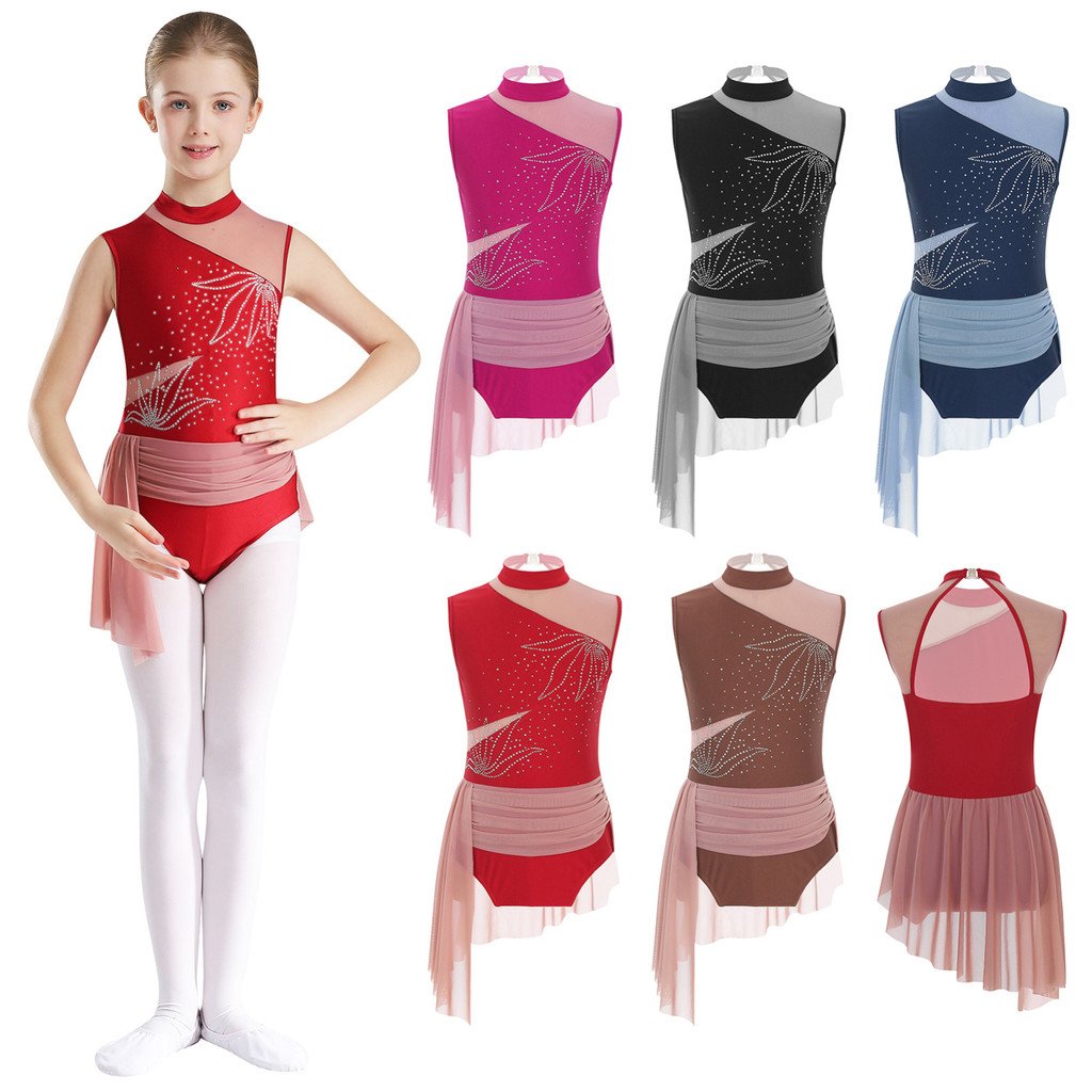 Yhong Kids Girls Shiny Rhinestone Flowers Pattern Skirted Leotard Sheer ...