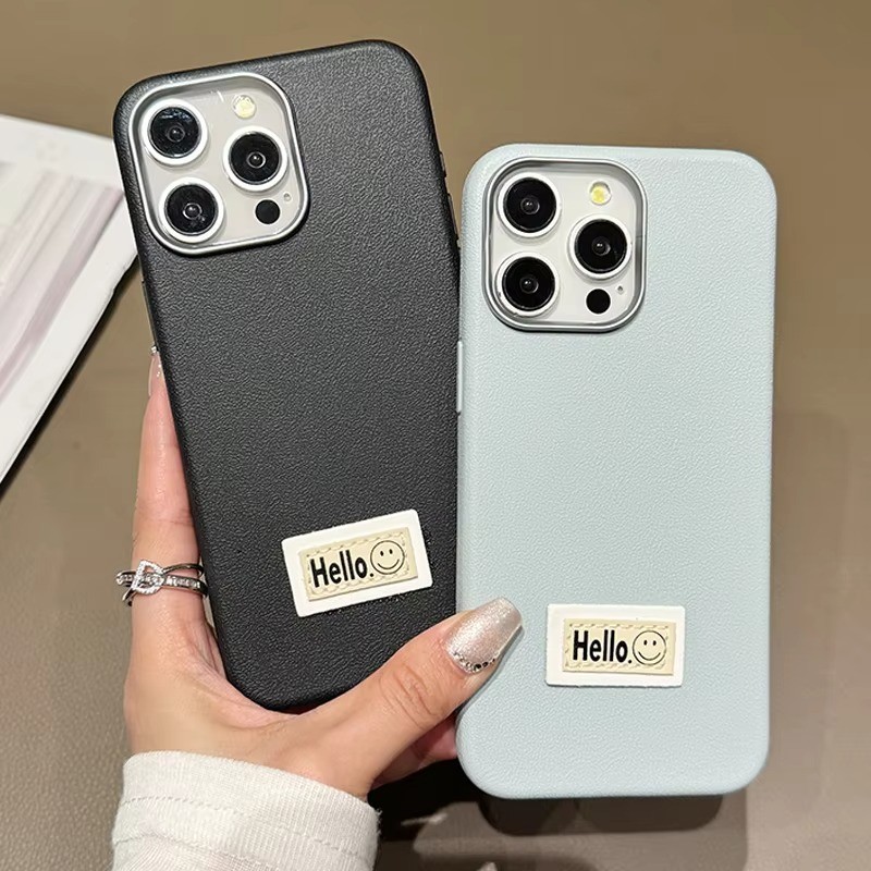 Luxury Cute Smile Hello Label Solid Color Case For iPhone 16 15 14 13 ...