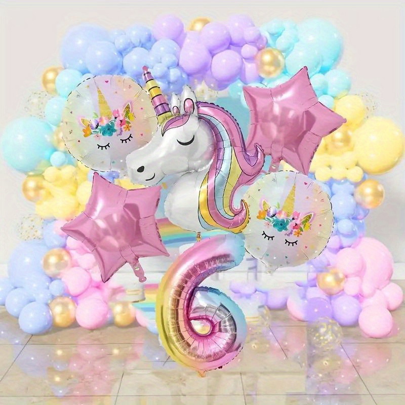6pcs/Set Rainbow Unicorn Balloon Number Balloons Unicorn Theme Birthday ...